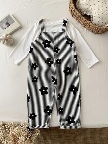 LMoss Kids Young Girl Woven Striped Floral Pattern Overall Jumpsuit ...