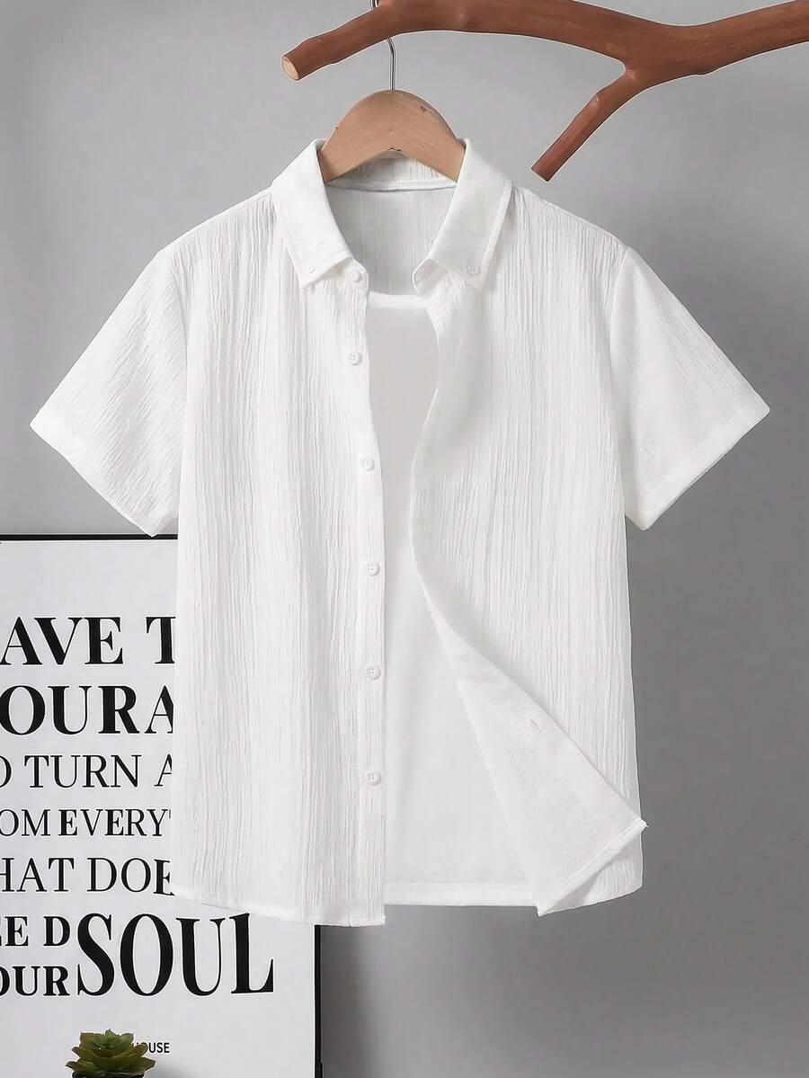 SHEIN Tween Boy Vacation Style Solid Color Collared Button-Up Fitted ...