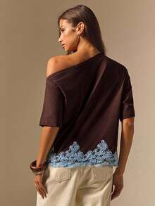 Athîral Women's Casual Colorblock Lace Trim Asymmetric Neck Loose Fit T ...