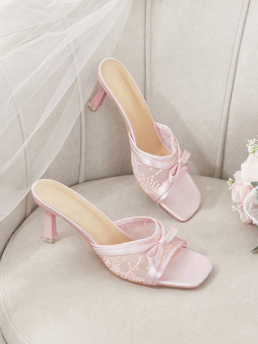 CUCCOO HITCHD French Gentle Style Pink Satin Lace Square Toe High ...