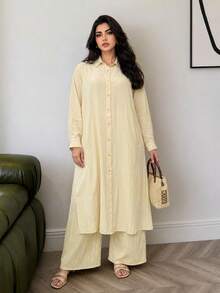 Solavon Plus Size Women Solid Color Single Button Long Top And Pants ...