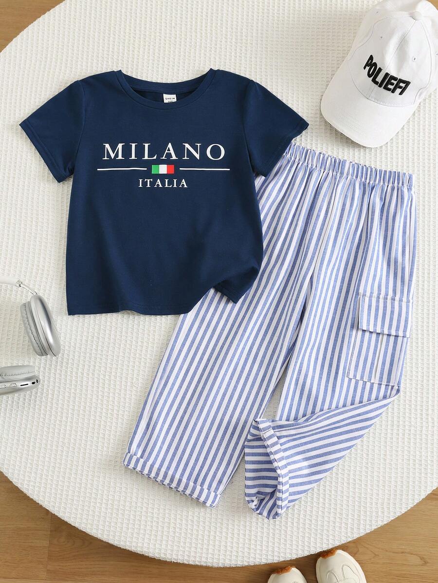 Young Boys Letter Print Graphic Crew Neck Short Sleeve T-Shirt With ...