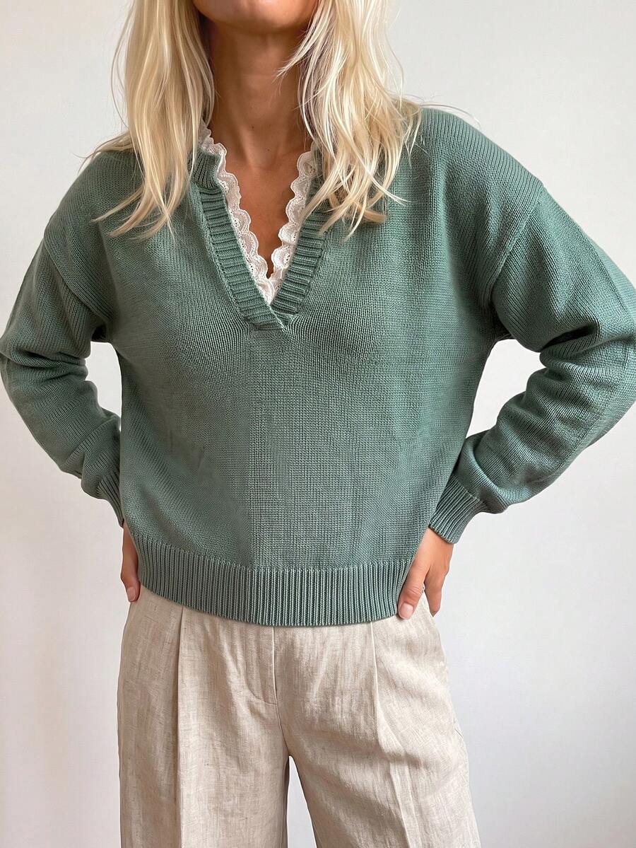 Sprig & Strand Women's 2 In 1 Lace Trim V-Neck Knit Sweater, Versatile ...