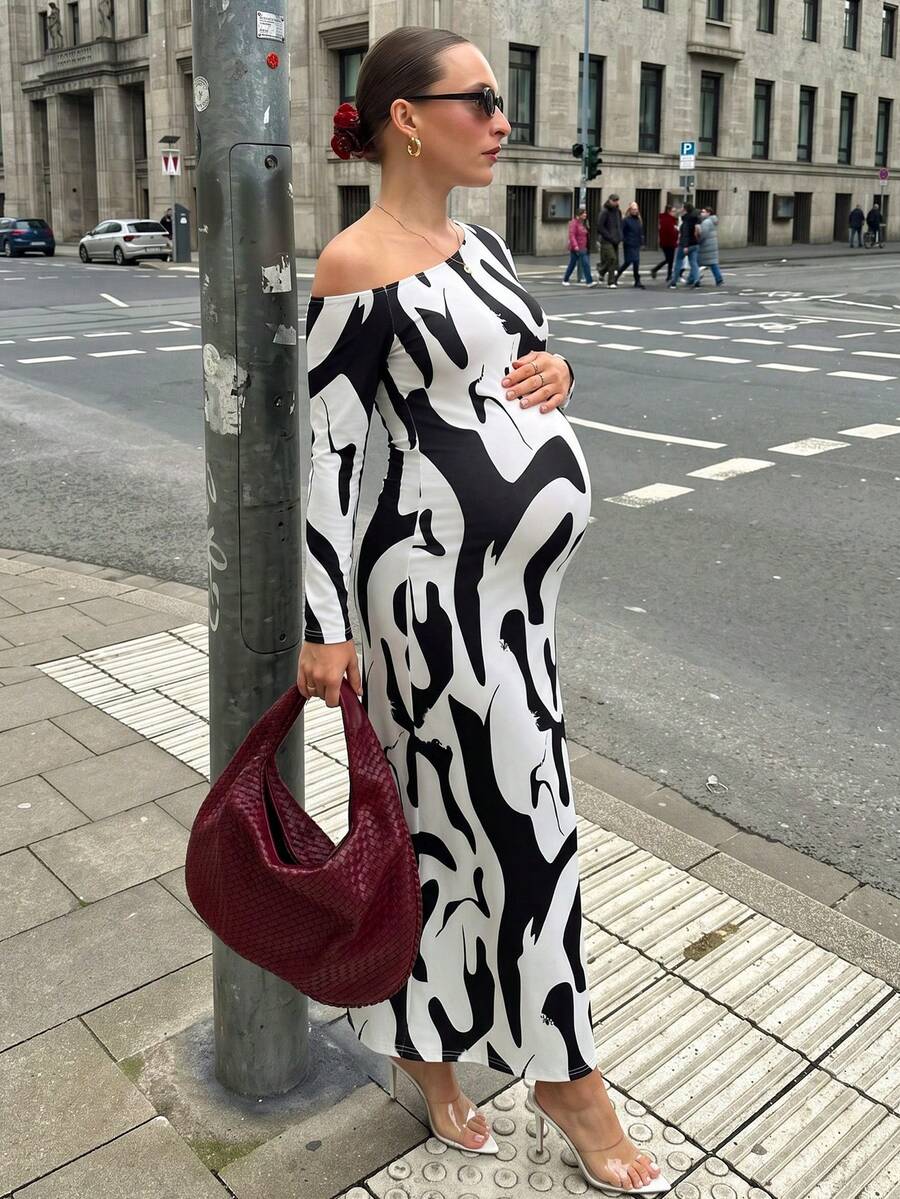 SHEIN Maternity All-Over Print Asymmetrical Shoulder Casual 1960s ...