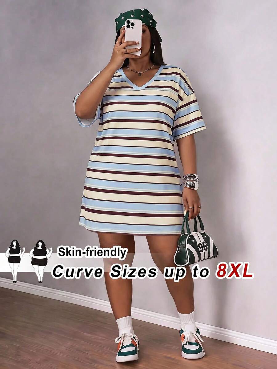 SHEIN CURVE+ Plus Size Women's Blue White Stripe V-Neck Dropped ...