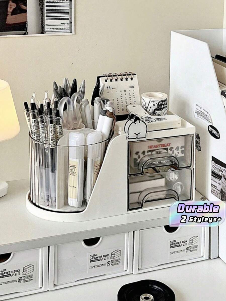 Rotating Pen Holder With Drawer Large Capacity Desktop Stationery ...
