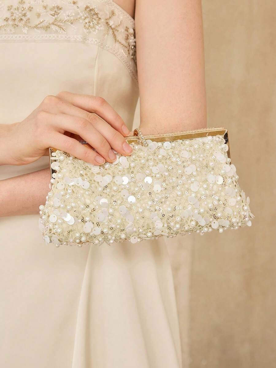 MOTF LADIES FASHION BEIGE CLUTCH BAG, EXQUISITE ELEGANT PEARL SEQUIN ...