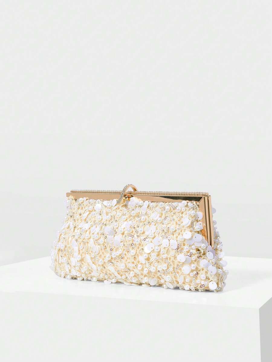 MOTF LADIES FASHION BEIGE CLUTCH BAG, EXQUISITE ELEGANT PEARL SEQUIN ...