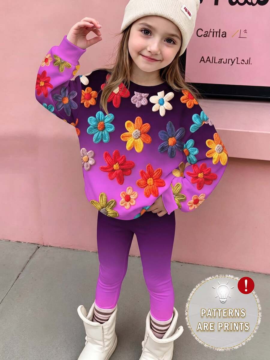 Girls (Small) Sweatshirt & Leggings 2 Pieces Set, Purple To Pink ...