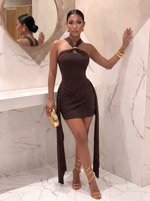 Slaydiva Women's Brown Halter Neck Ruched Fitted Mini Dress With Long ...