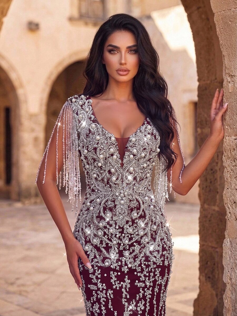 Glamrae Elegant Formal Luxurious Beaded Diamond Sequin Embroidered Lace ...