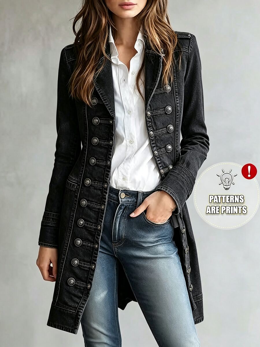 SHEIN New Vintage Military Style Double-Breasted Denim Effect Print ...