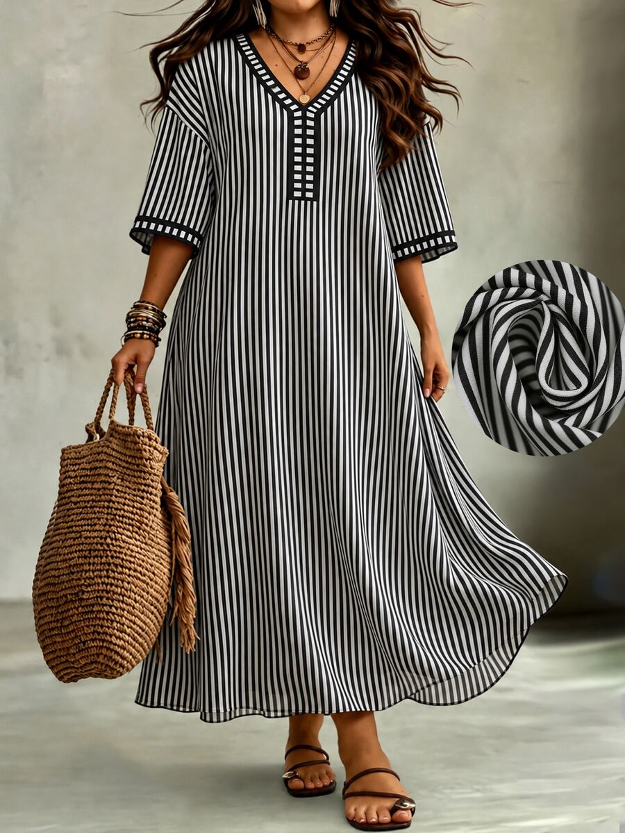 SHEIN LUNE CURVE Plus Size Women Black And White Vertical Striped V ...