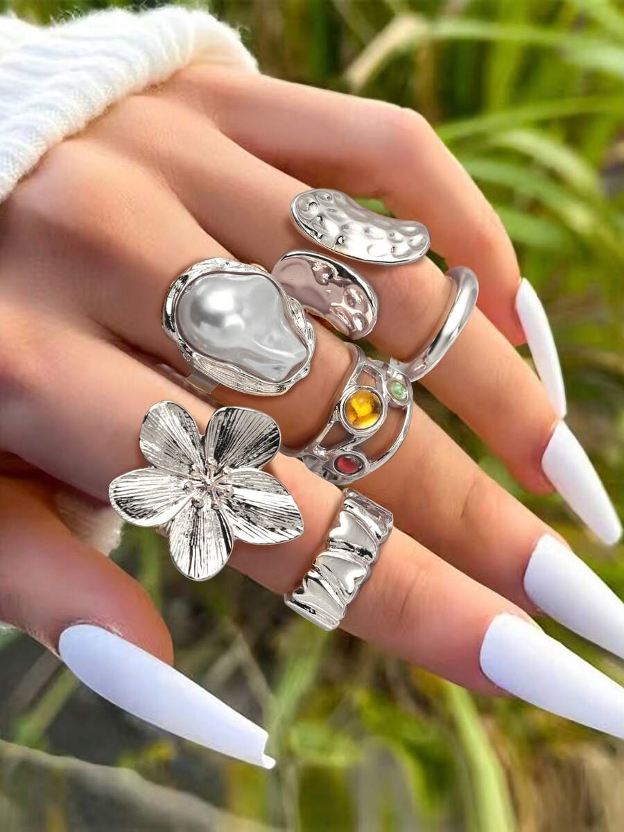 6pcs/Set Punk Style Rings Set, Vintage Geometric Rings Set For Women ...