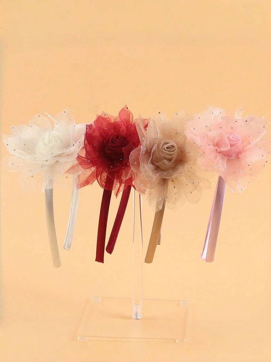 1/4pcs French Style Feather Headband With Mesh Rose Flower, Rhinestone ...