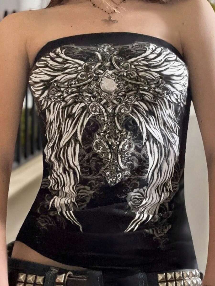 Women's Gothic Tube Tops Strapless Vintage Wing Print Backless Slim Fit ...