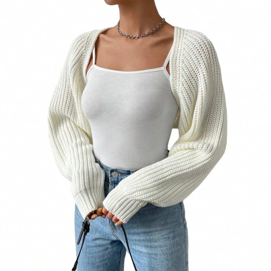 Women's Open Front Cropped Cardigan Long Sleeve Solid Color Ribbed Knit ...