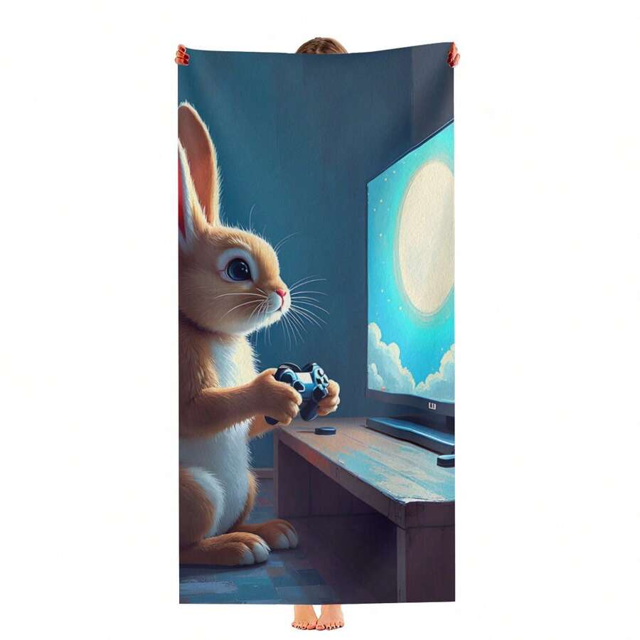 Cute Bunny Gamer Focused On Screen, Holding Controller, Indoor Scene ...