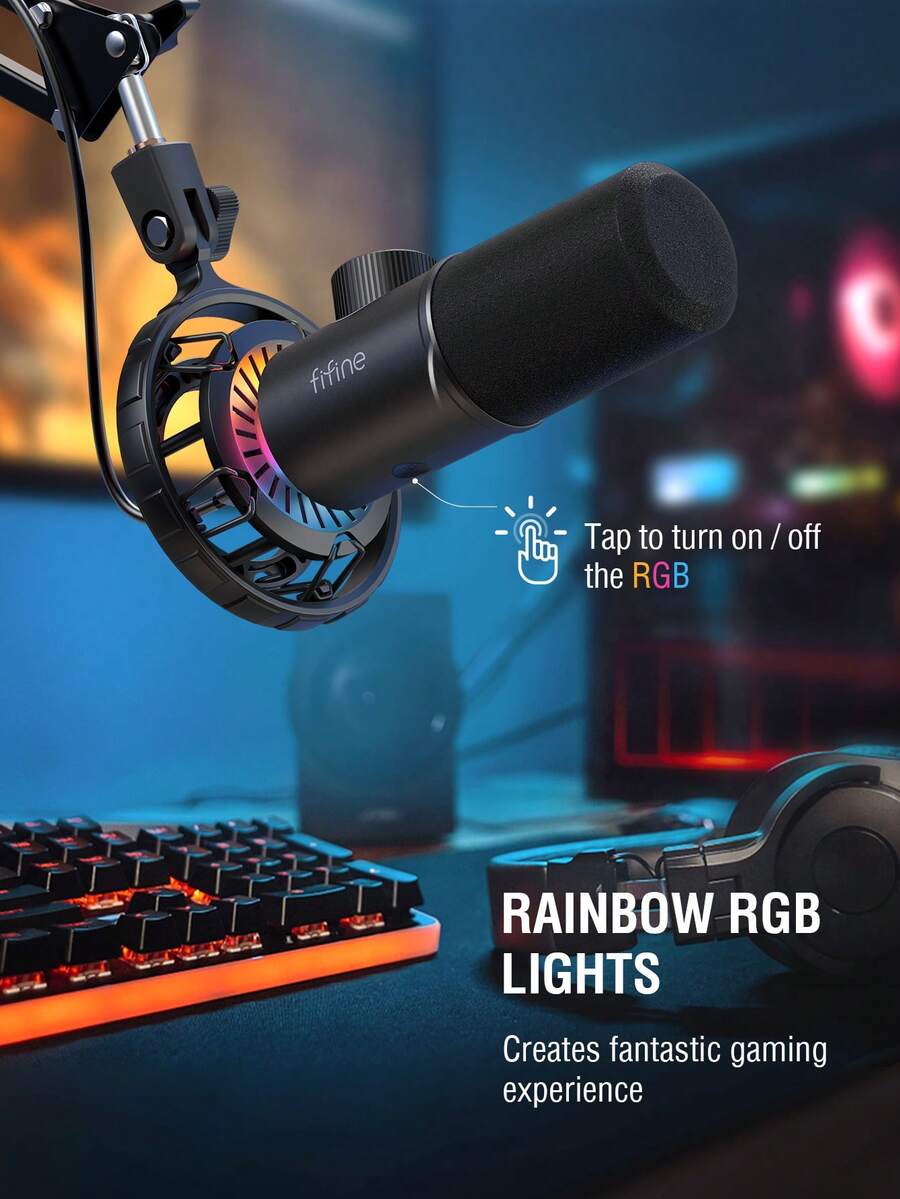 FIFINE USB Gaming Microphone, RGB Dynamic Mic For PC, With Tap-To-Mute ...