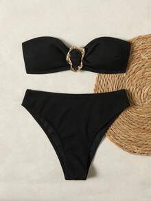 Neuestes Design Schwarzer Metall-Stoff Bandeau Bikini Bademode für den ...