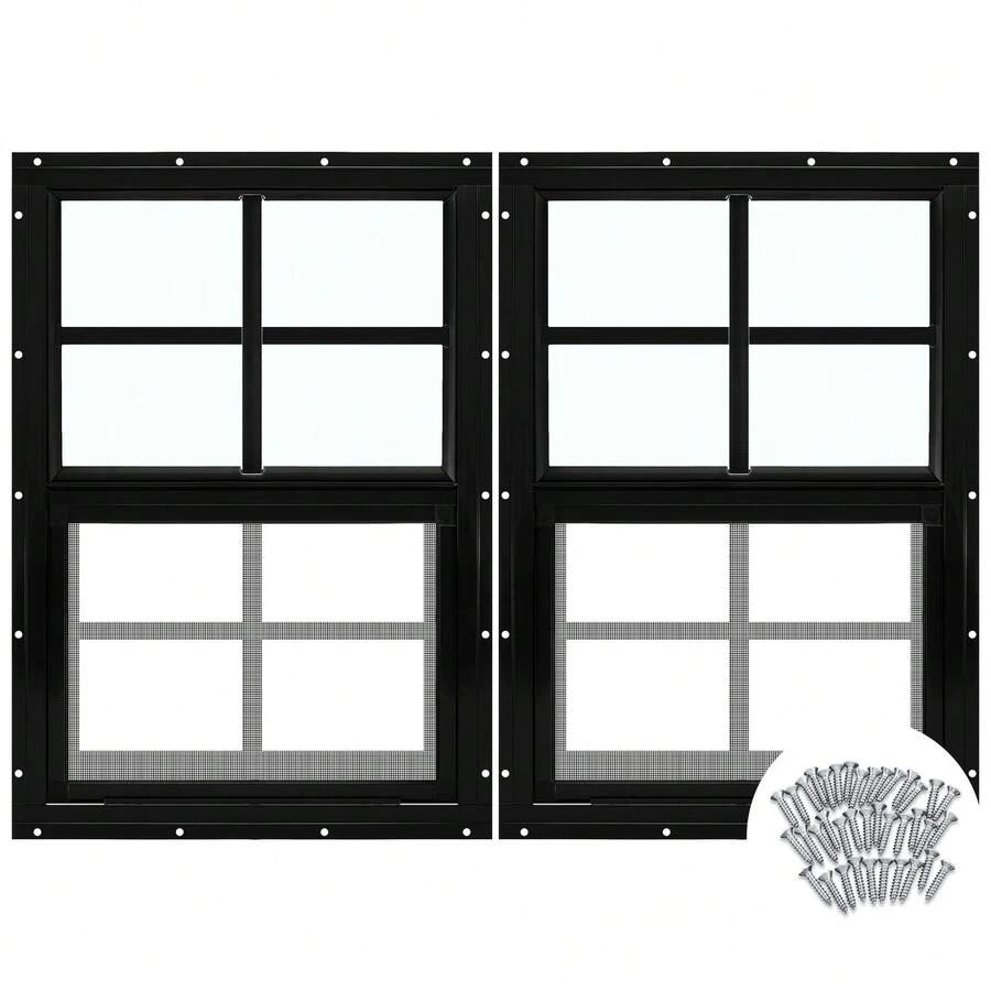 2 Pcs 14'' X 21'' Black Flush Mount Shed Window With Tempered Glass And ...