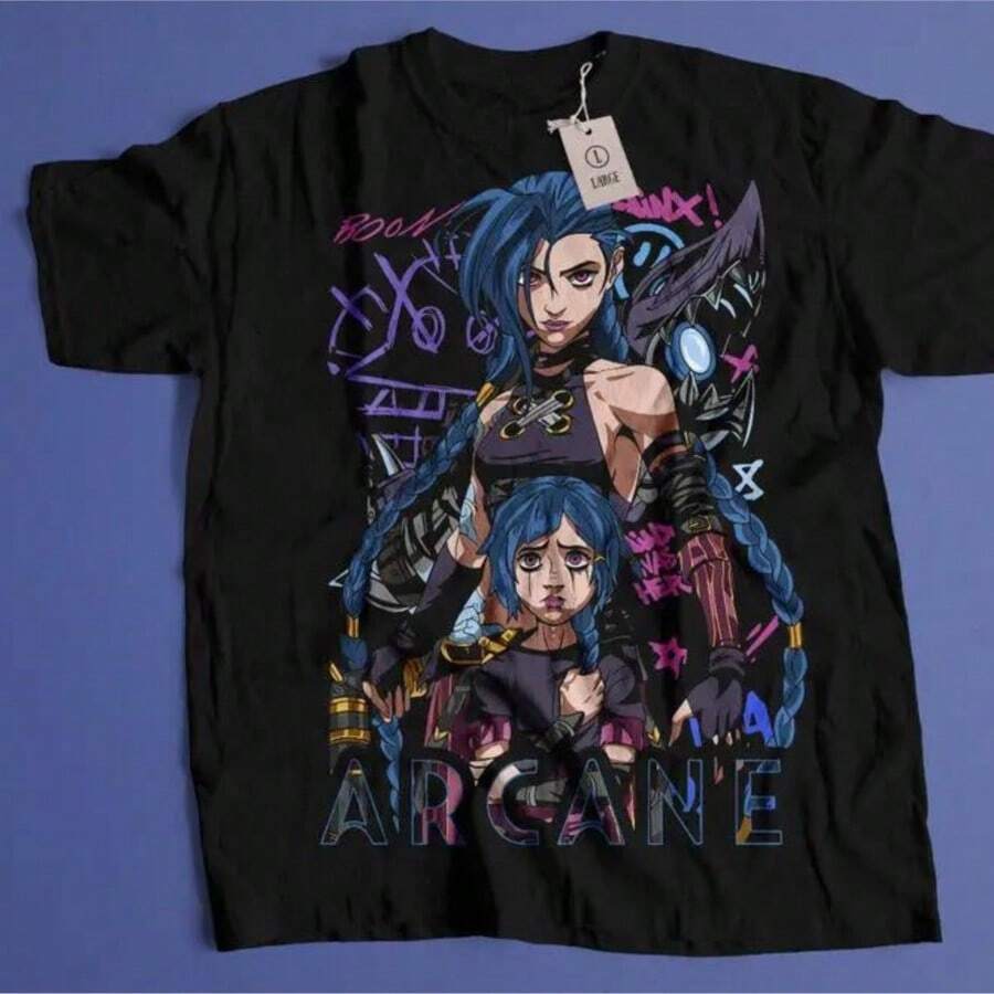 Jinx Arcane T-Shirt Japanese Anime Cartoon Jinx Black T-Shirt 044 ...