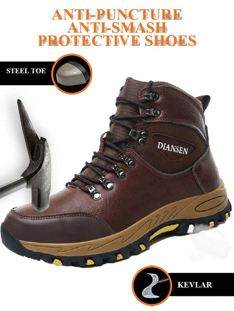 1 Pair Brown Leather Men's Steel Toe Boots Anti-Puncture Anti-Smash ...