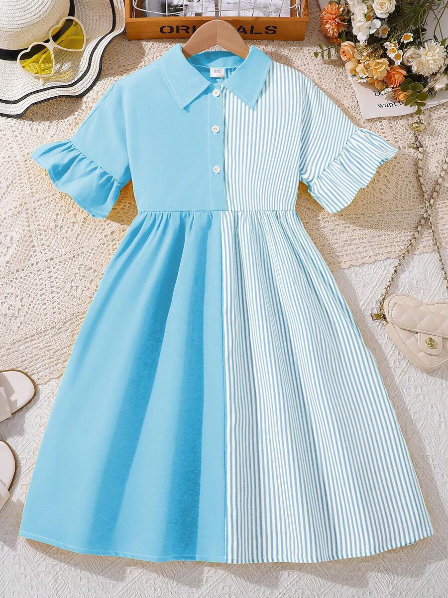 Left Mama Plus Size/Tween Girls Sweet Collar Stripe Splicing Short ...