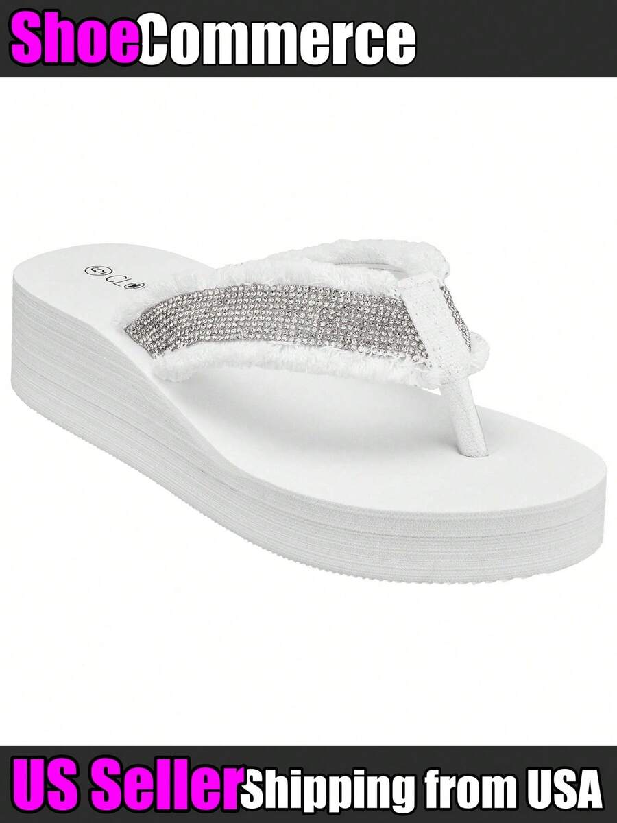 Women's Fashionable Rhinestone Decor Flip Flops Thick Bottom Wedge ...