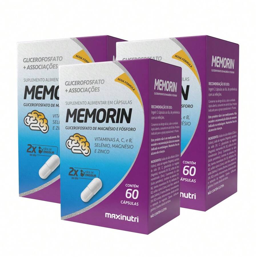 Kit 3 Memorin Glicerofosfato de Magnésio + Vitaminas 60 Cápsulas ...