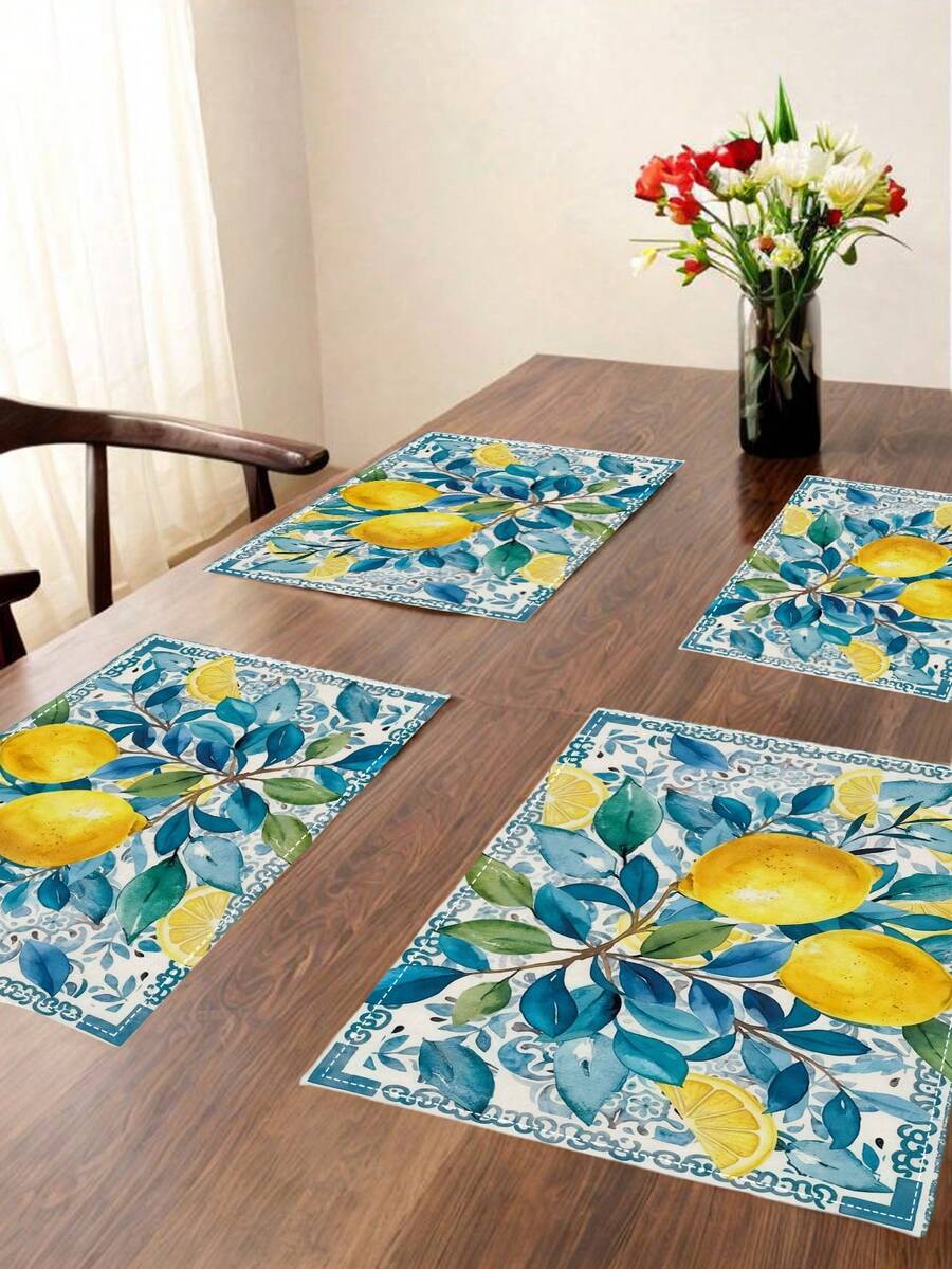 4Pcs Lemon Placemats Vintage Watercolor Lemon Hummingbird Blue Bohemian Geometric Lemon Pattern ...