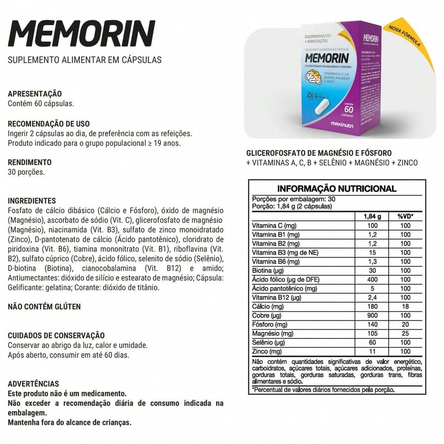 Memorin Fosforo + Vitaminas 60 Capsulas Maxinutri | SHEIN Brasil