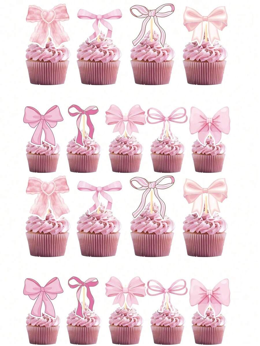 18PCS/Set Pink Bow Cupcake Toppers Birthday Party Decorations, Bowknot ...