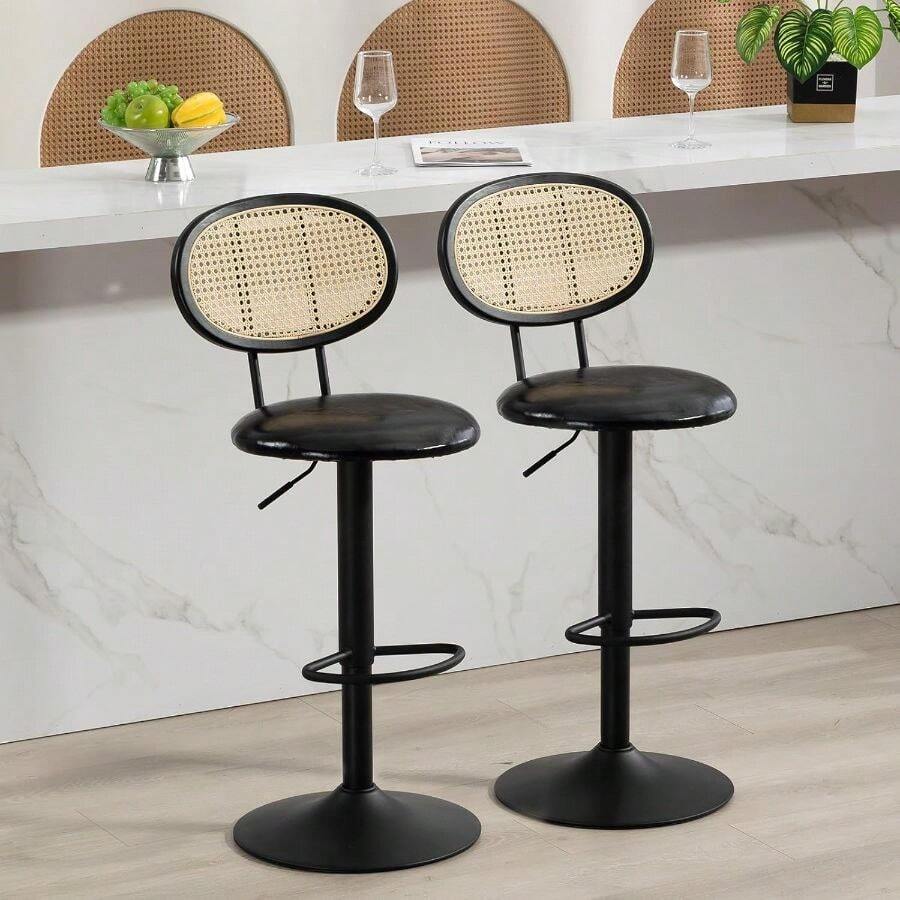 Modern Rattan Bar Stools Set Of 2 - Natural Woven Design, Swivel Seat ...