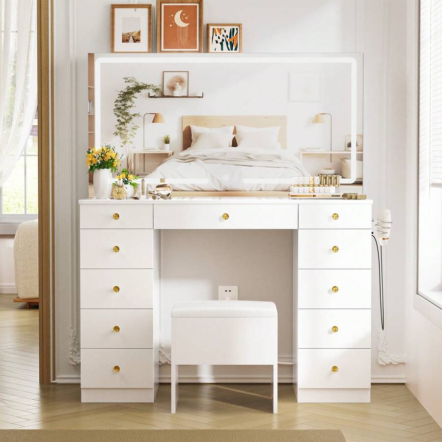 Eleven-Crystal-Handle Dresser Organizable Upholstered Dressing Stool ...
