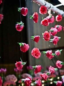 20pcs Red Roses + 500cm Transparent Rope, Hanging Red Roses For Wedding ...