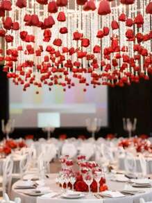 20pcs Red Roses + 500cm Transparent Rope, Hanging Red Roses For Wedding ...