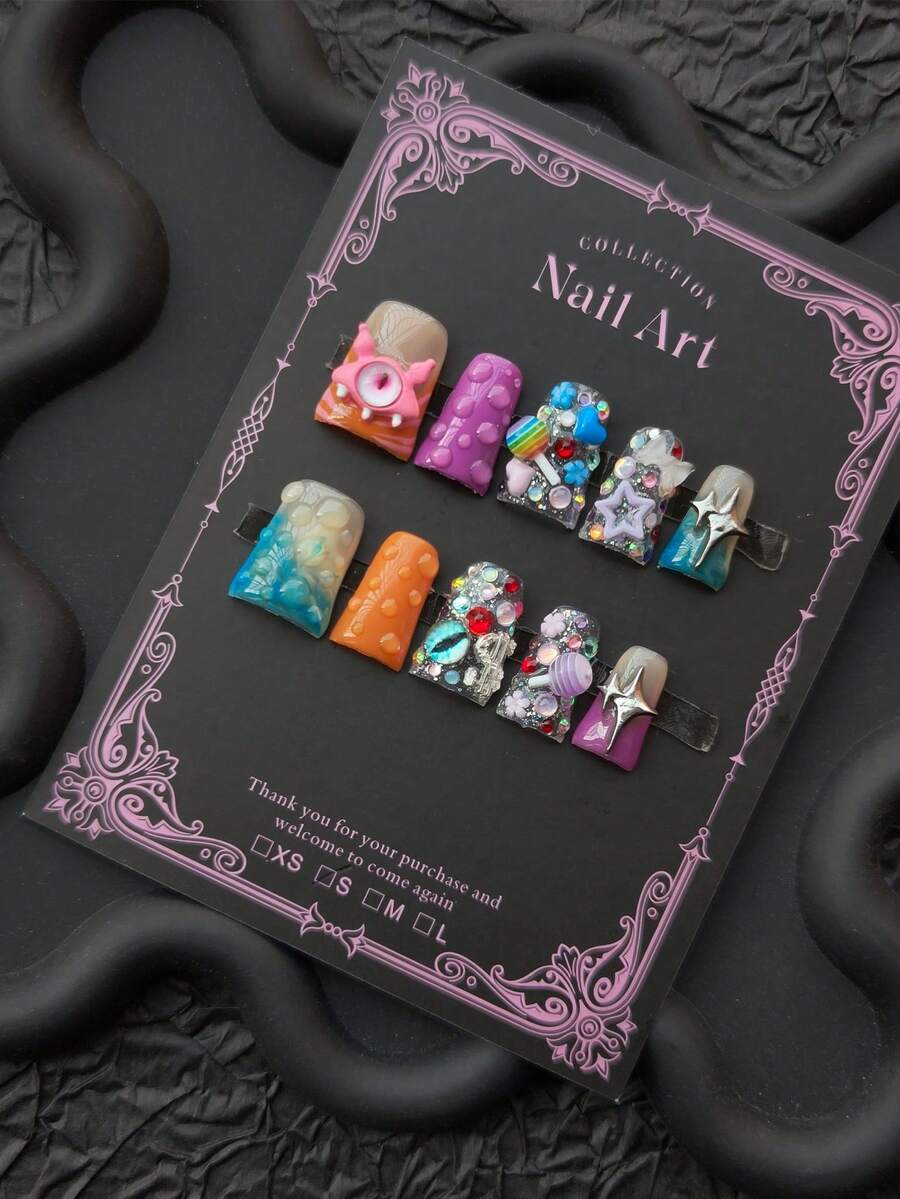 Y2K 10 Pieces Handmade Press On Nails Super Gorgeous Full Of Ornaments ...