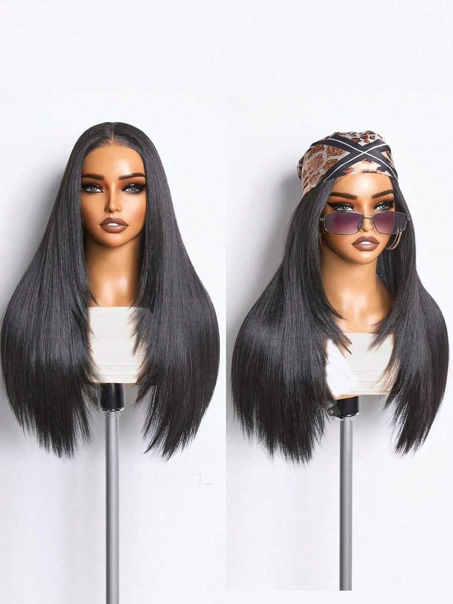 Black Straight Lace Front Wigs Pre Cut Glueless Layered Wig Middle Part ...