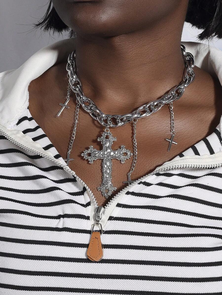 1pc Punk Metal Thick Chain Cross Necklace, For Daily Wear By Women ...