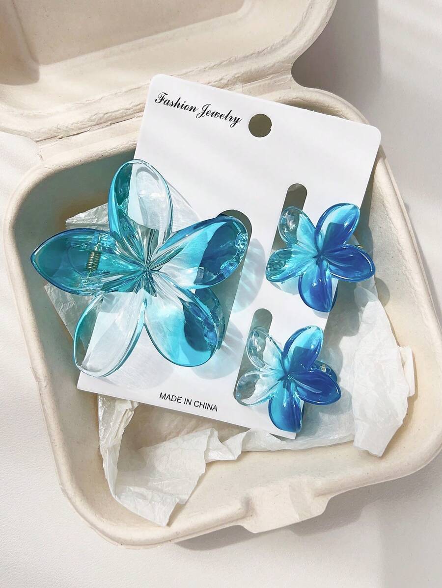 3pcs Shiny Ombre Translucent Blue Frangipani Flower Hair Claws, Big ...