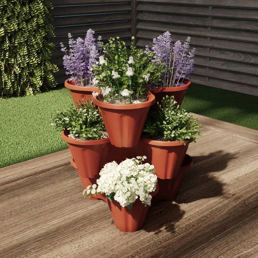 Stacking Planter Tower- 3-Tier Space Saving Flower Pots- Set Of 3 ...