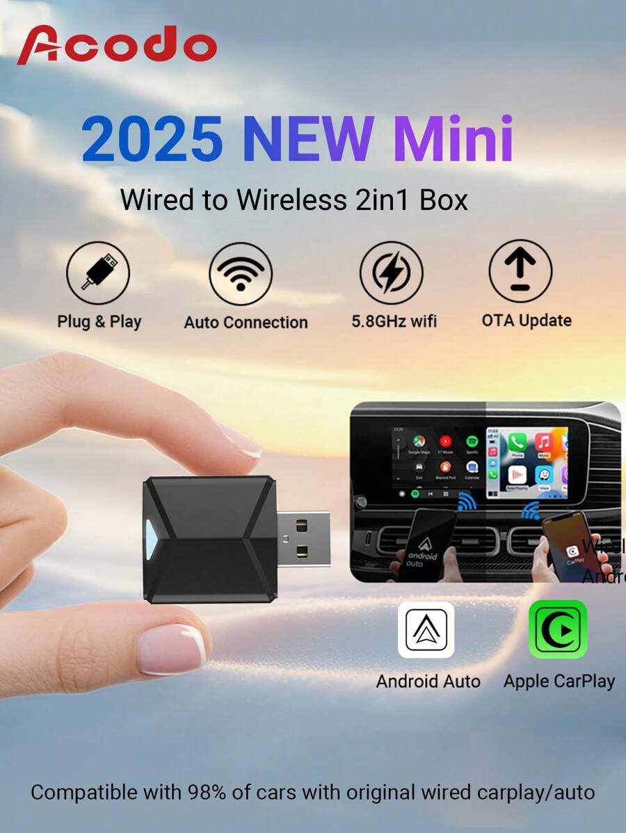 Acodo Acodo 2025 NEW Mini Wired To Wireless 2 In 1 Adapter Wireless CarPlay & Android Auto Plug ...