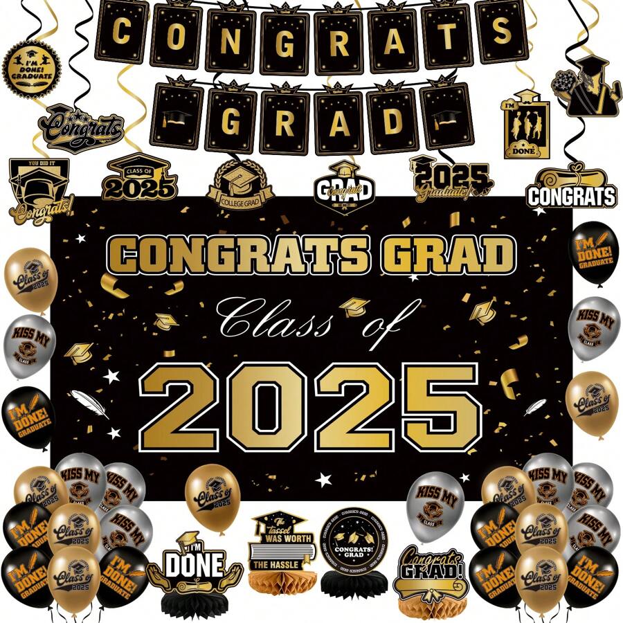 34 Pcs Black Gold Graduation Party Decorations Set With Graduation ...