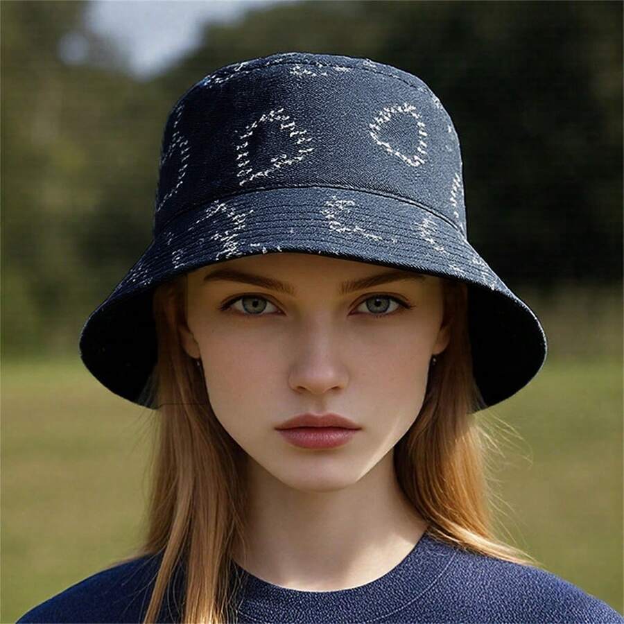 Women Heart Denim Bucket Hat Wide Brim Cap Casual Sun Protection Hat ...