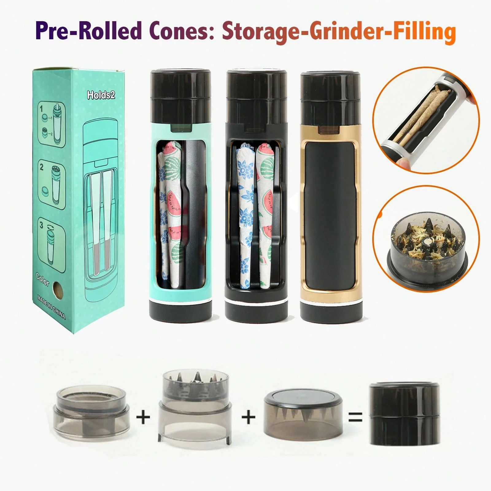 All-In-One Tobacco Grinder & Cone Filler Kit | 108mm Large Pre-Rolled ...