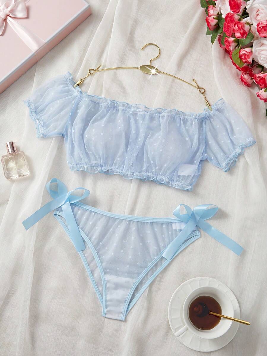 2 Pieces Of Women's Sexy Blue Mesh Polka Dot Lace Splicing One-Shoulder Sexy Lingerie Set Sexy ...