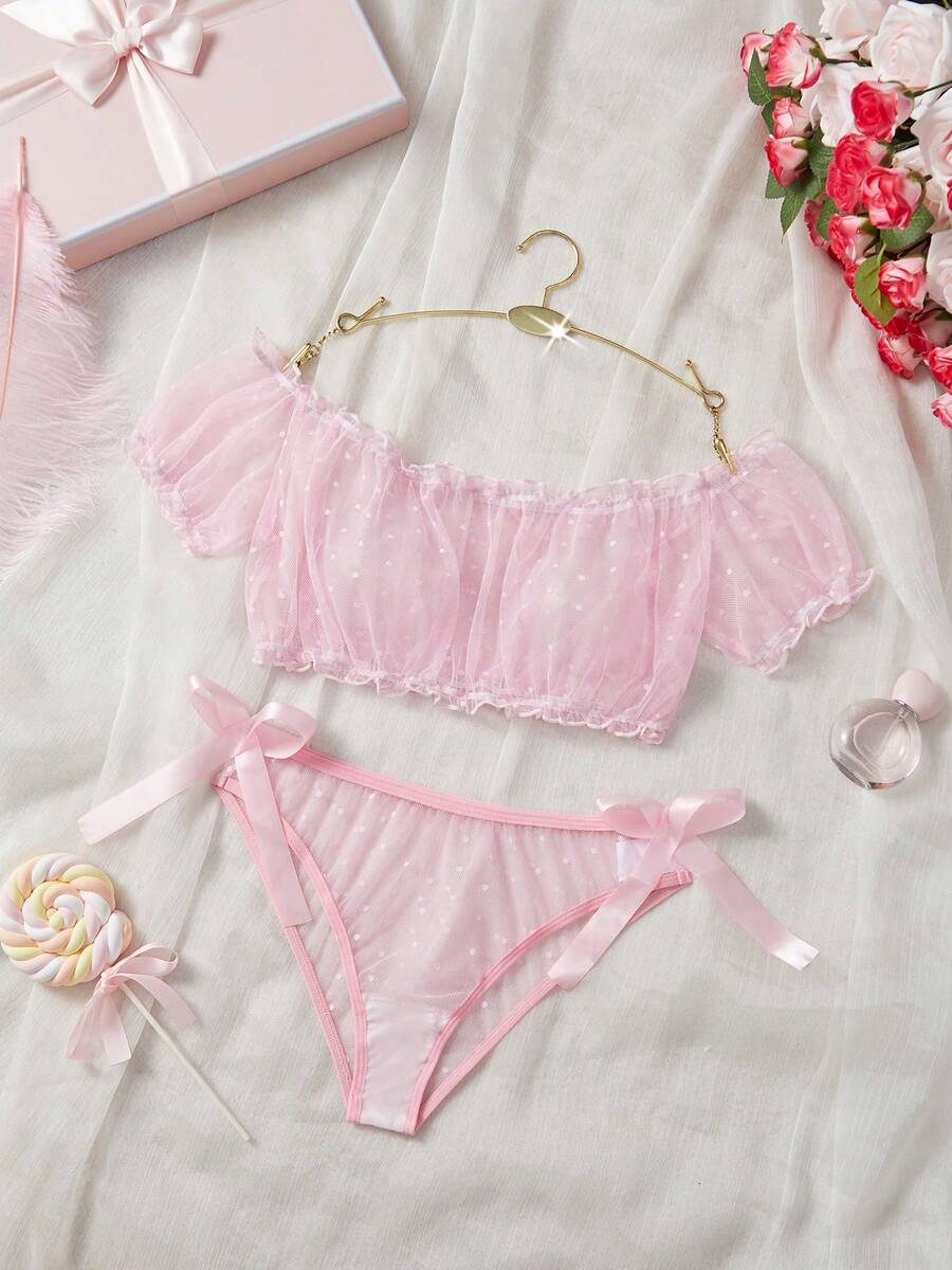 2 piezas Conjunto de ropa interior sexy para mujeres de malla rosa con ...