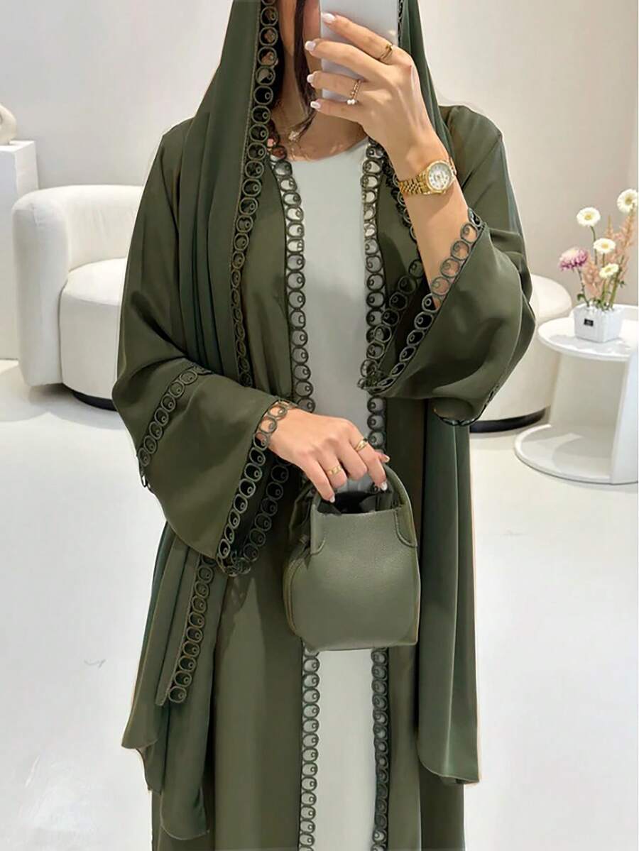 Open Abaya Set With Lace Trim & Chiffon Headscarf - Lightweight, Modest ...