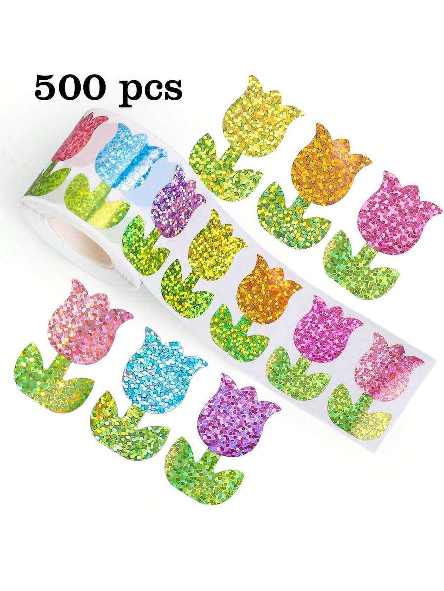 500pcs/Roll Holographic Tulip Flower Sticker Roll, Colorful Spring ...